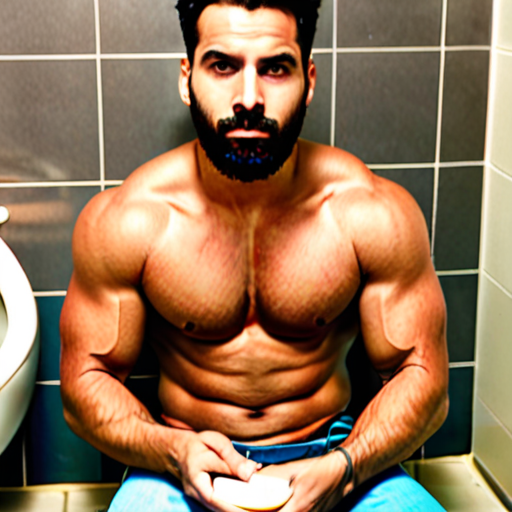 Muslce man has explosive diarrhea and sit in the toilet