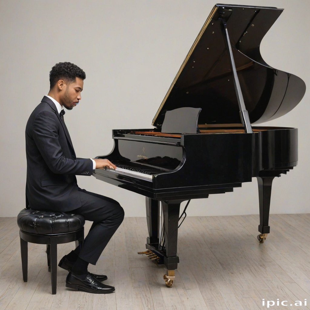 Elegant Pianist in Formal Attire Performing on a Grand Black Piano