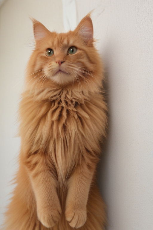 A Majestic Orange Cat with Fluffy Fur Posing Elegantly Against a Wall
