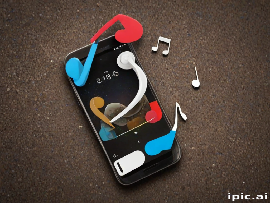 Colorful Music Notes and Earbuds Surrounding a Smartphone Displaying a Song
