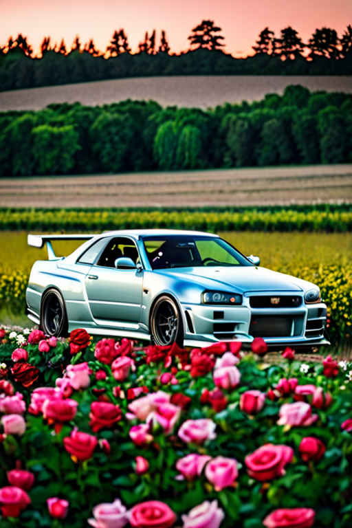 Car gtr R34 In a field of roses Watching the sunset
