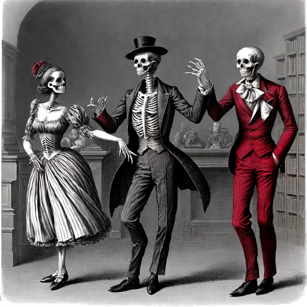skeleton dancing with a Victorian dame they are in a library and there ...