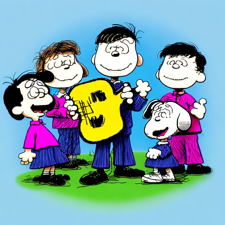 A cartoon drawing in the style of Peanuts of a rock and roll band.