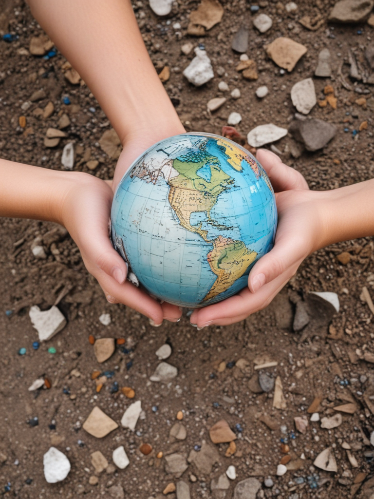 hands picking up the pieces of a broken globe on the ground