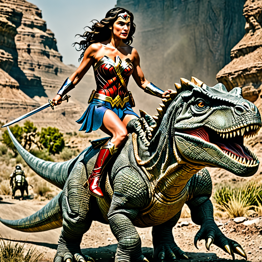 wonderwoman riding dinosaur