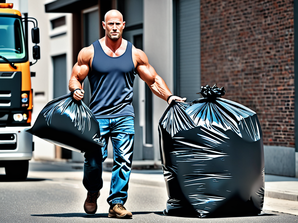 realistic handsome bald muscular garbagemen carrying black garbage bags ...