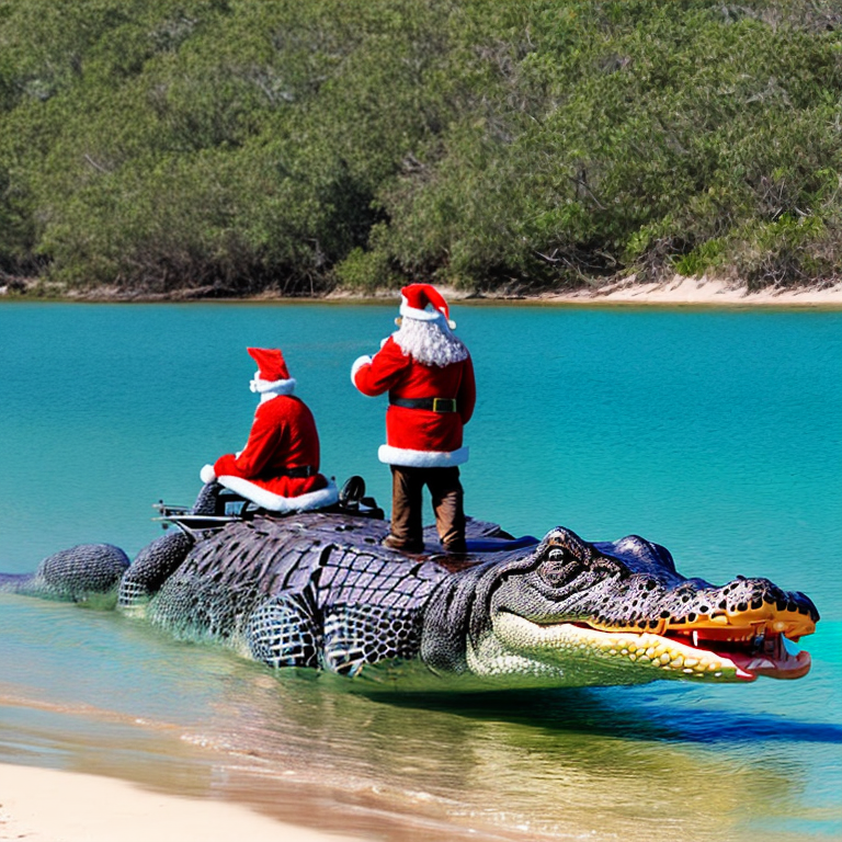 Santa on an alligator going house to house on the beach
