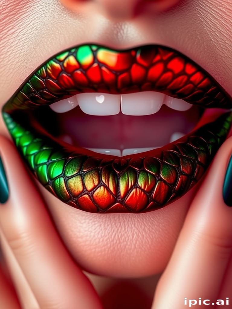 Vibrant Artistic Lip Makeup Featuring Scaly Red and Green Designs