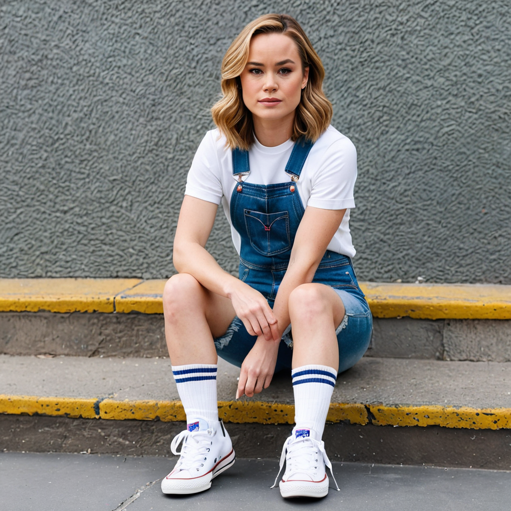 Mcu Brie Larson Carol Danvers Sitting in White Shirt, Blue Jeans, White ...