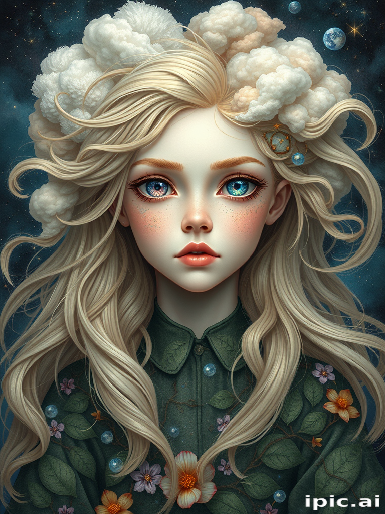 Dreamy Portrait of a Young Girl with Cosmic Elements and Floral Accents