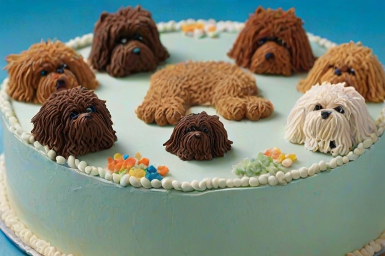 A Delightful Cake Decorated with Adorable Dog Figurines in Frosting.