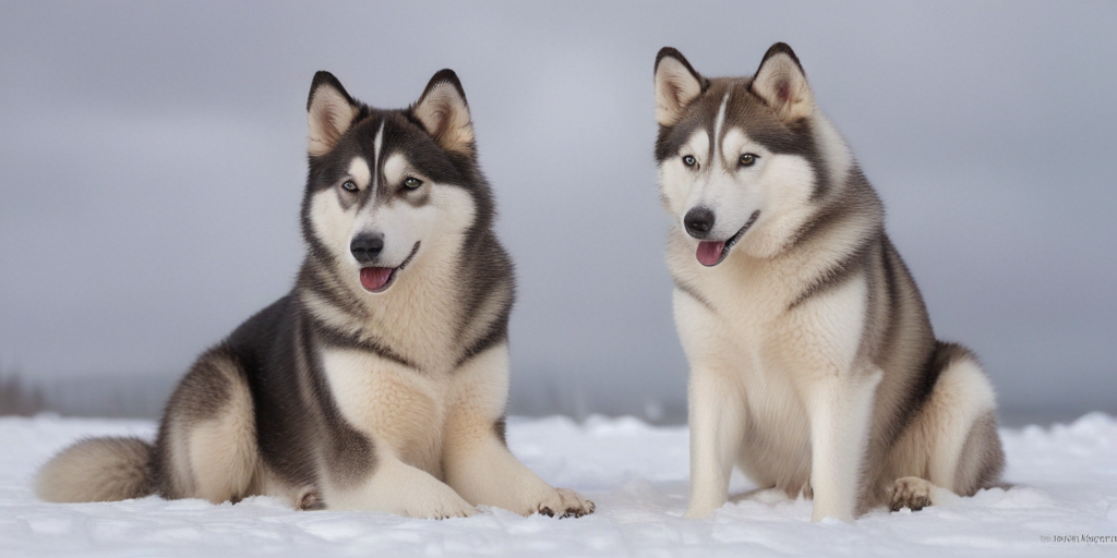 Two Beautiful Siberian Huskies Sitting Together in a Winter Wonderland.