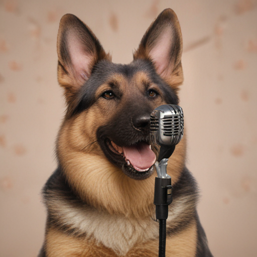 German shepherd with elvis hair style singing in a mic