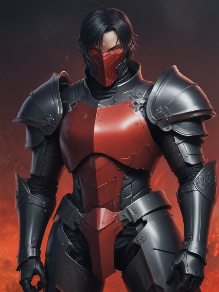 Anime. short and black hair, red eyes, red armor, heavy armor, knight