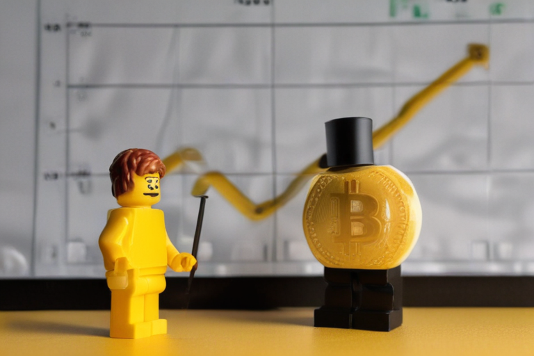 lego shapen men looking at a bitcoin chart. yellow and black background