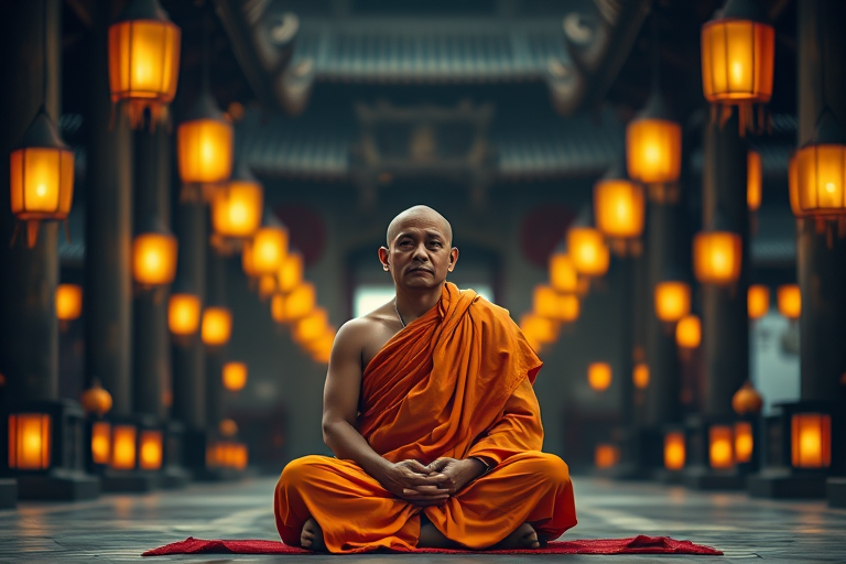 A Tranquil Monk Meditating in a Serene Temple Surrounded by Lanterns.