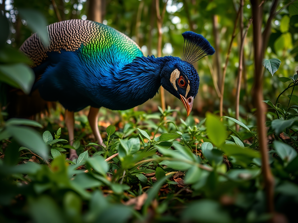 A Vibrant Peacock Exploring Its Lush Green Habitat Amongst Foliage.