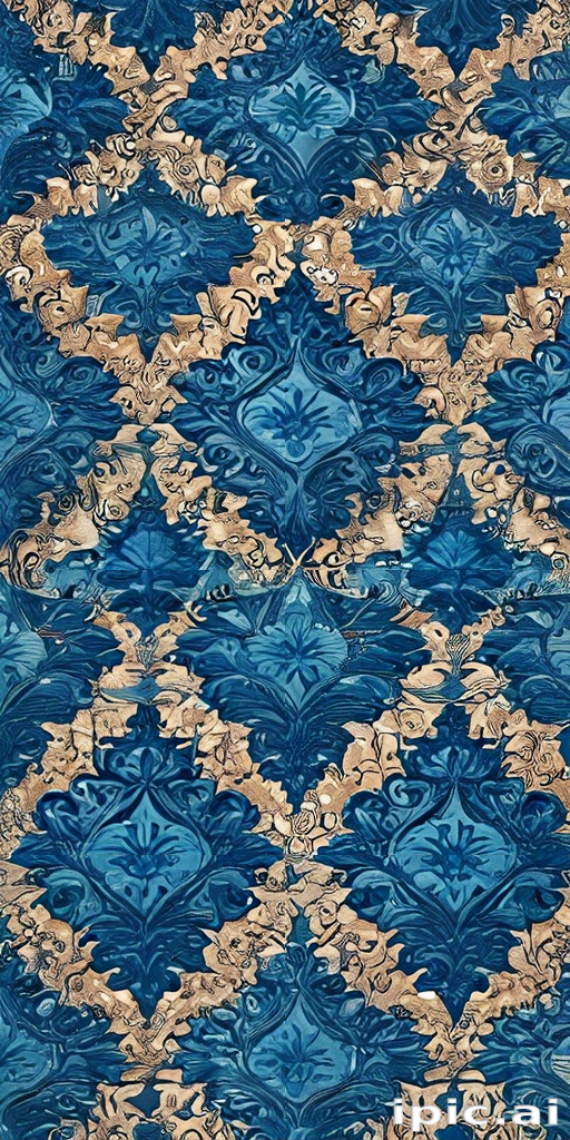 Elegant Blue and Gold Damask Pattern with Intricate Floral Designs.