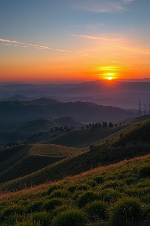 Beautiful Sunset Over Rolling Hills and Distant Mountains in Tranquil ...