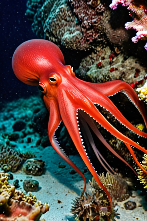 A red collosal squid lurking in the deep sea. There are several ...