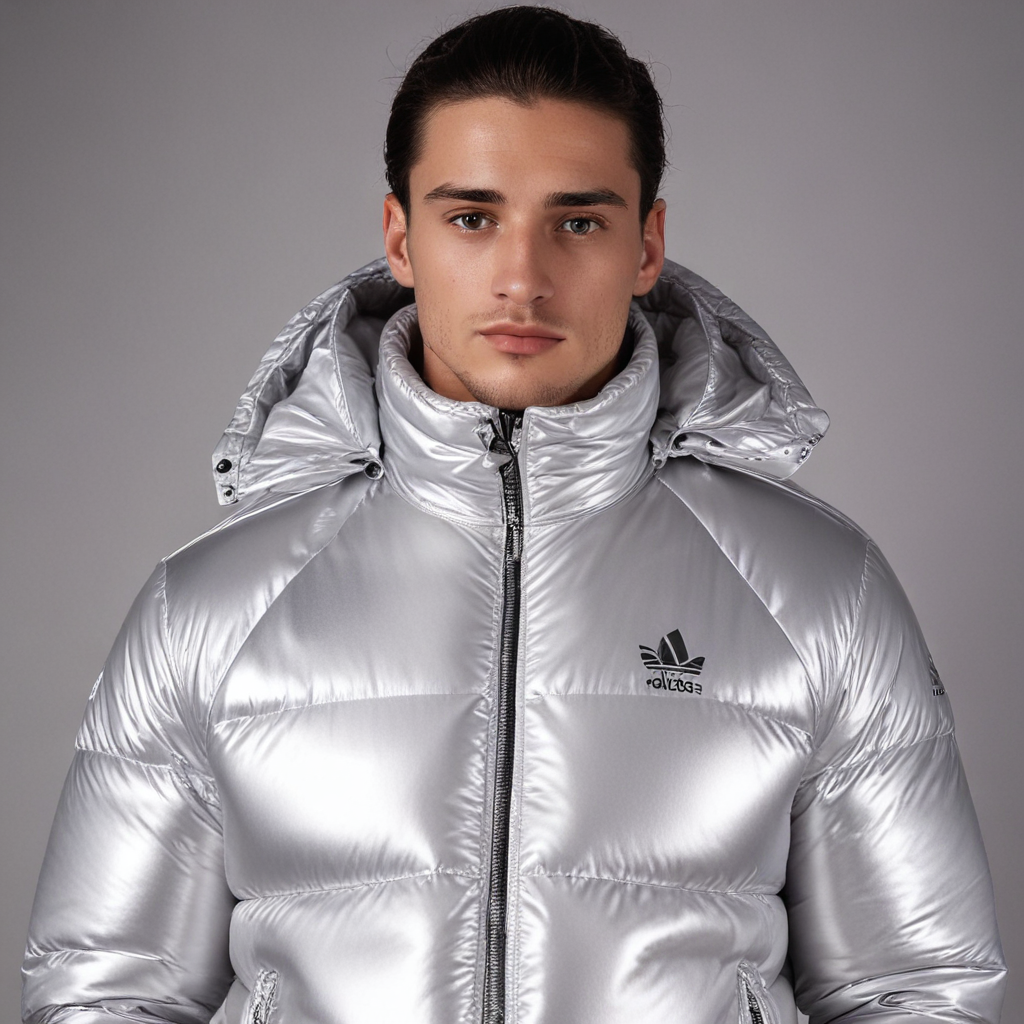male supermodel adidas shiny super puffer jacket bling jewellery hood