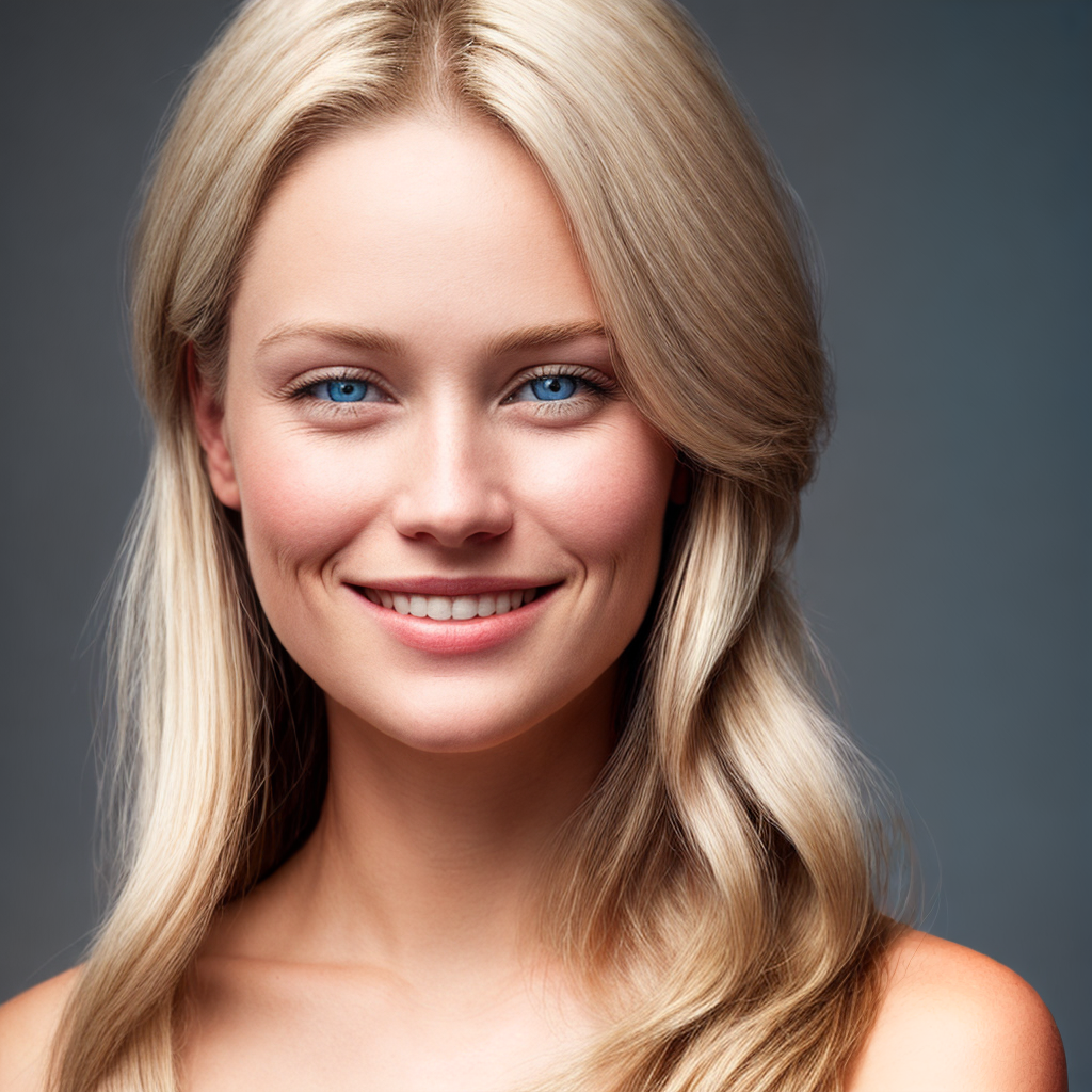shy smiling Scandinavian female with blonde hair blue eyes full face ...