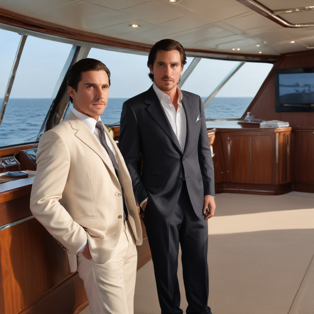 Christian bale as bruce wayne,inside a luxury yacht,