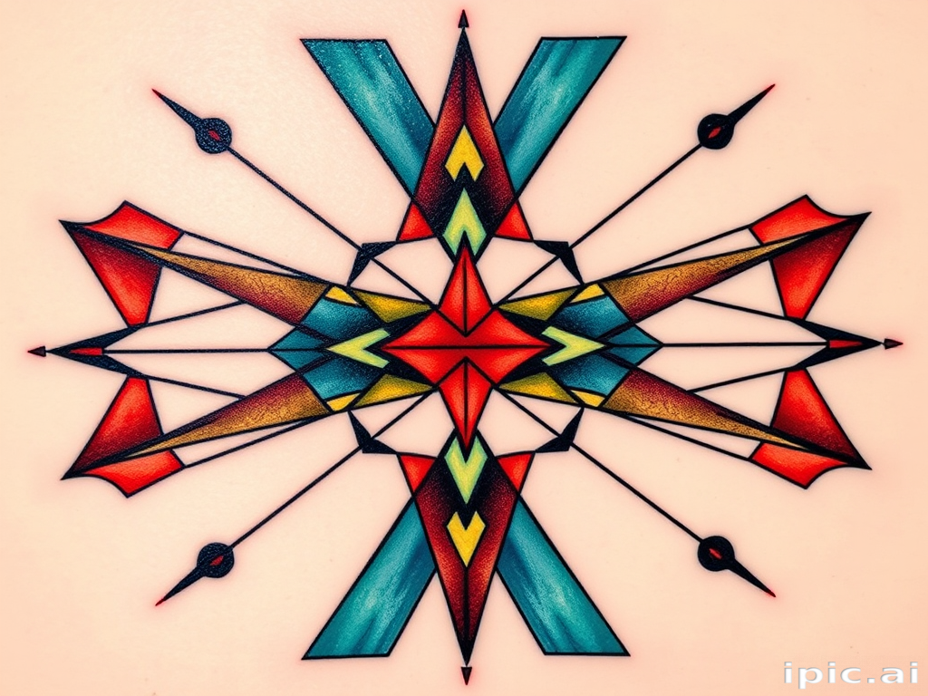 Intricate Geometric Tattoo Design Featuring Vibrant Colors and Sharp Angles