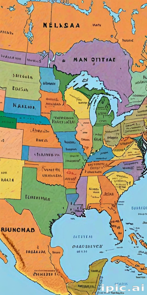 Colorful Illustrated Map of the Central United States with Unique Names