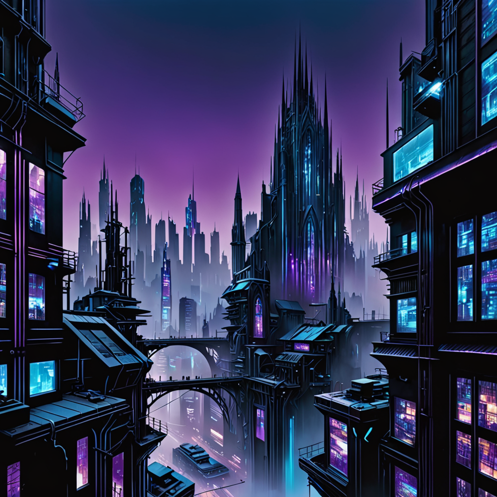 A blue, purple and black gothic, cyberpunk city scape