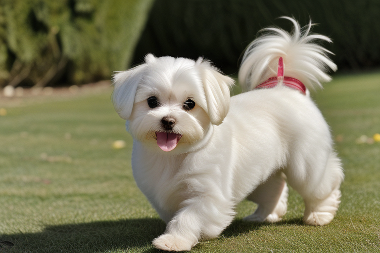 A Playful White Maltese Dog Enjoying a Sunny Day Outdoors.