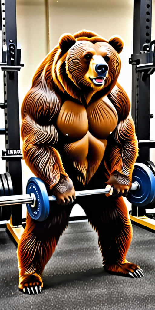grizzly bear with a babeball cap on lifting weights
