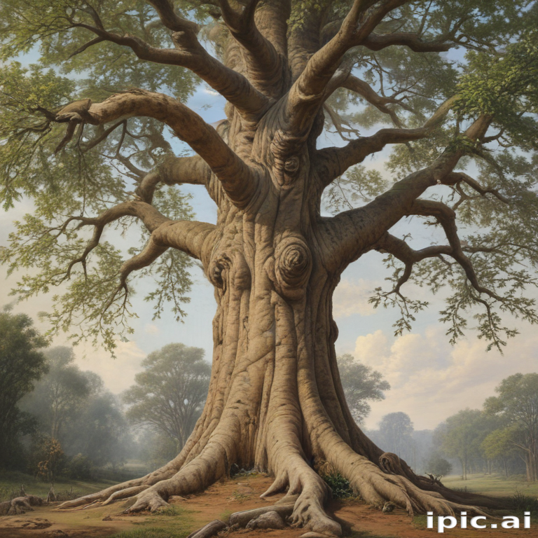The Majestic Ancient Tree Standing Tall Amidst a Serene Landscape.