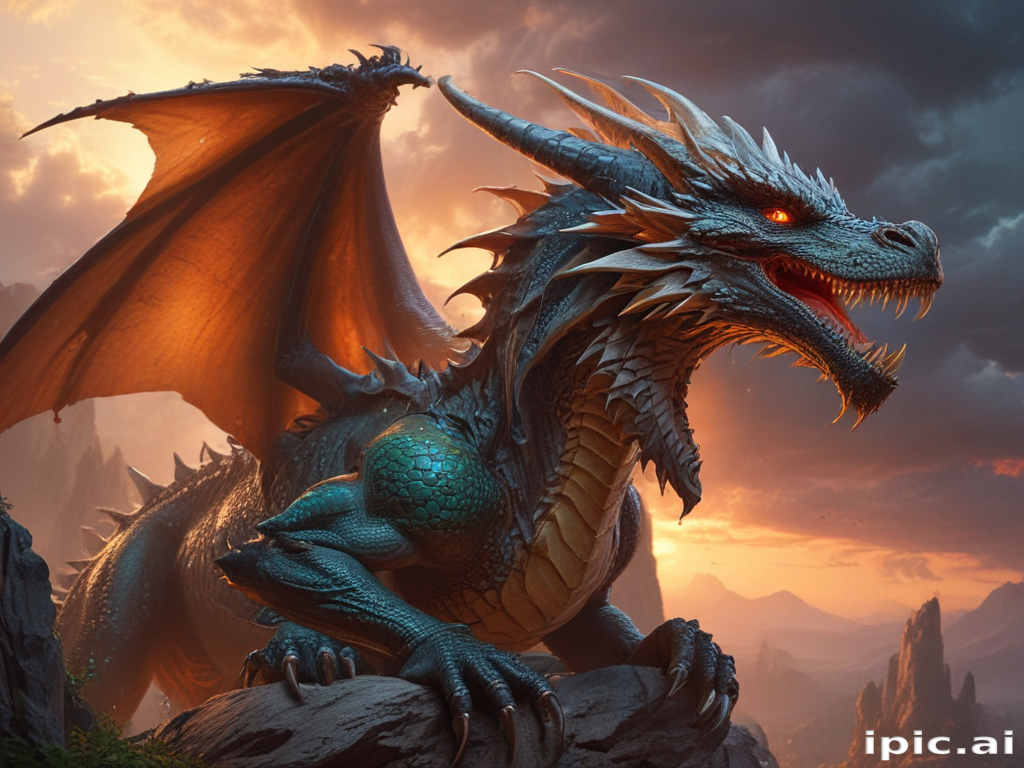 Majestic Dragon Overlooking a Fiery Sunset in a Mystical Landscape.
