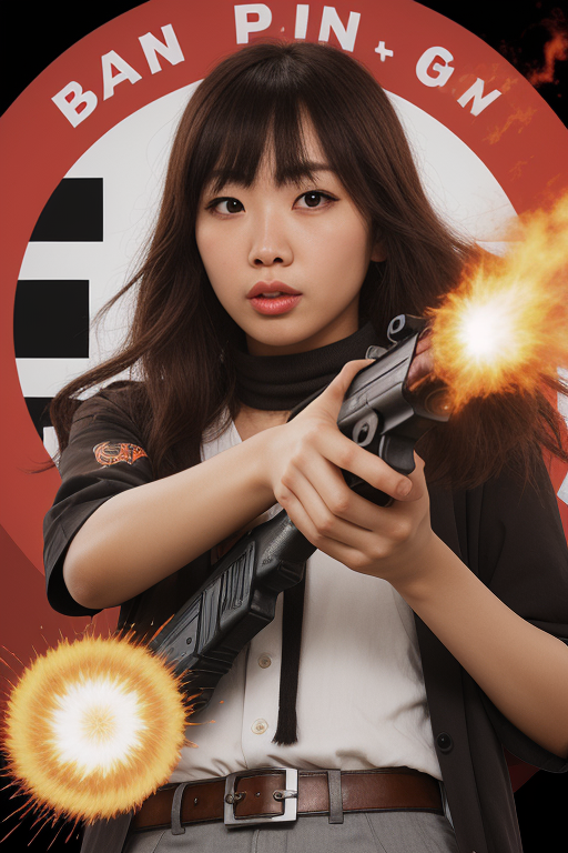 Intense Action Scene Featuring a Young Woman with a Gun and Explosions