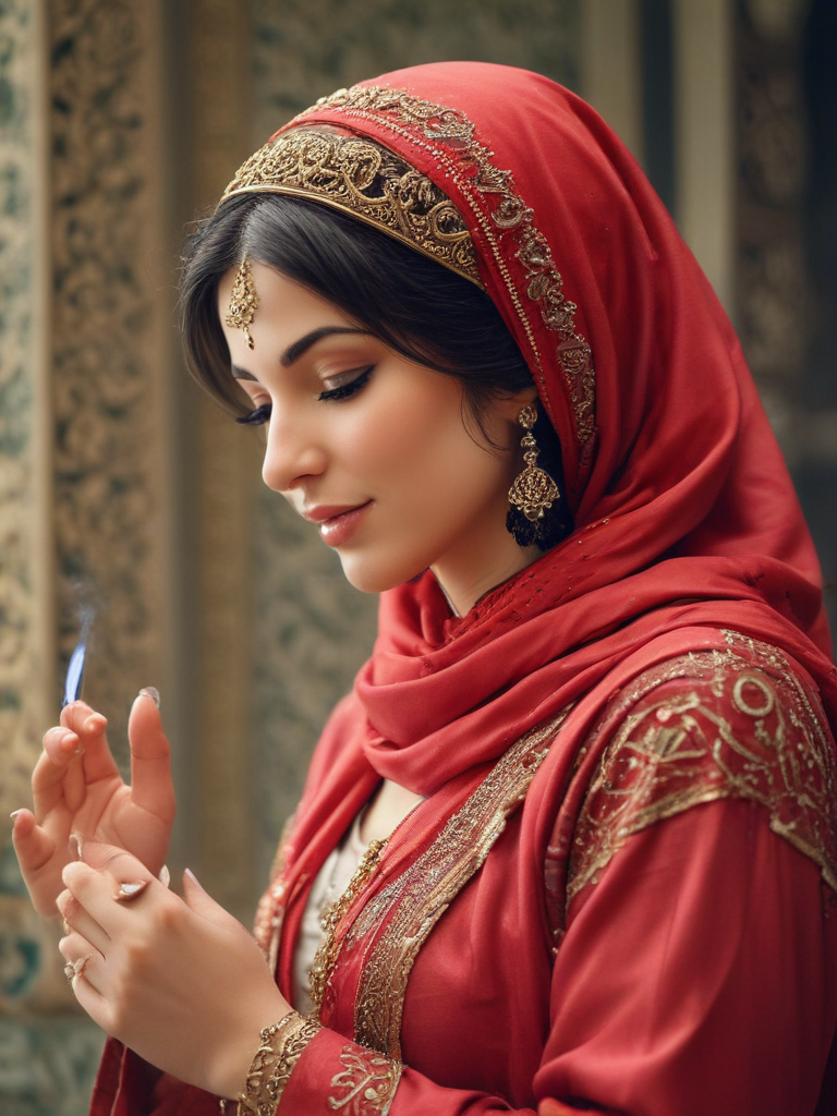 Graceful Woman in Elegant Red Attire with Intricate Gold Embellishments