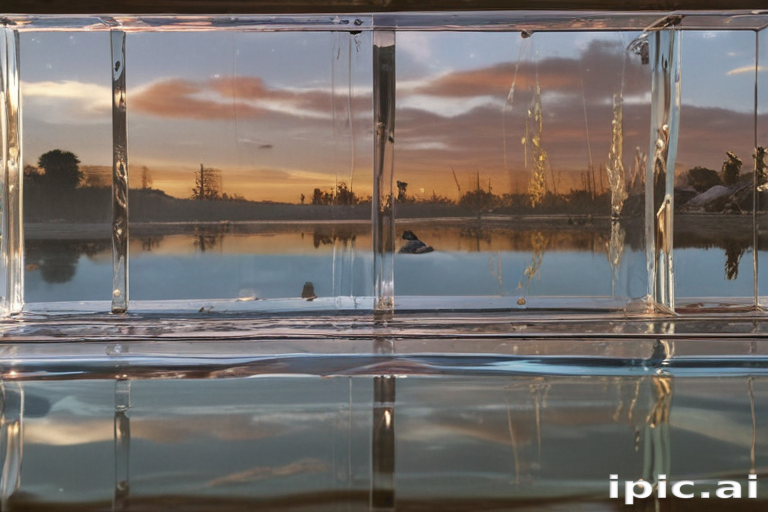 Serene Sunset Reflections Through Transparent Glass Blocks by the Water