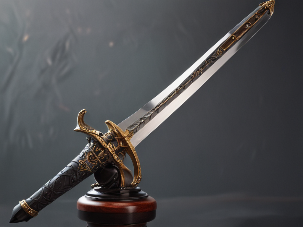 Exquisite Fantasy Sword Displayed Elegantly on a Decorative Wooden Stand.