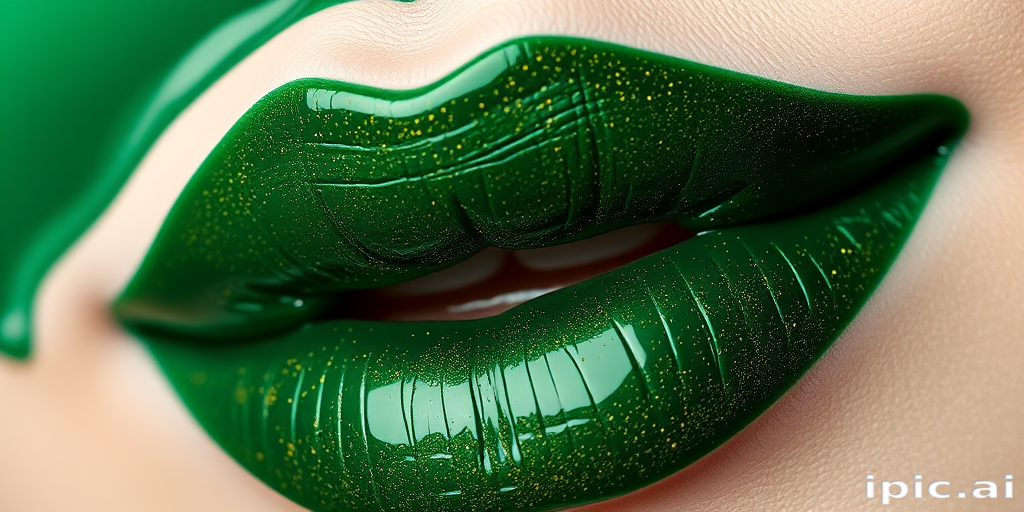 Vibrant Green Glossy Lips with Sparkle Capturing Nature's Bold Essence