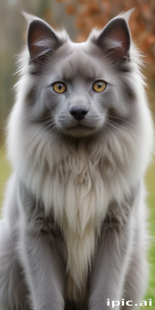 A Majestic Gray Dog with Striking Yellow Eyes and Fluffy Fur.