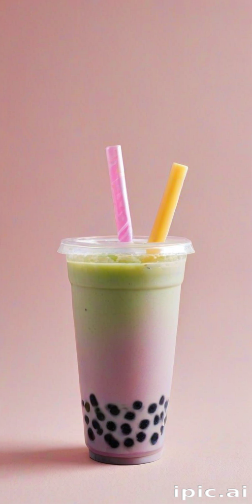 Delicious Layered Bubble Tea with Green and Purple Toppings in Cup