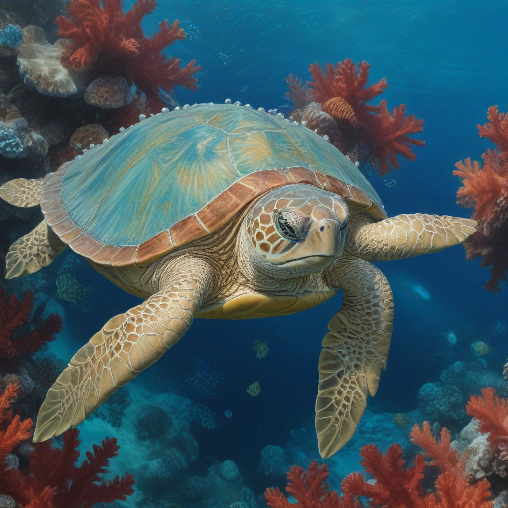 One surrealistic, golden-colored sea-turtle made out of many precious ...