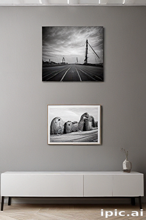 Monochrome Art Display Featuring Urban Landscape and Unique Sculptures