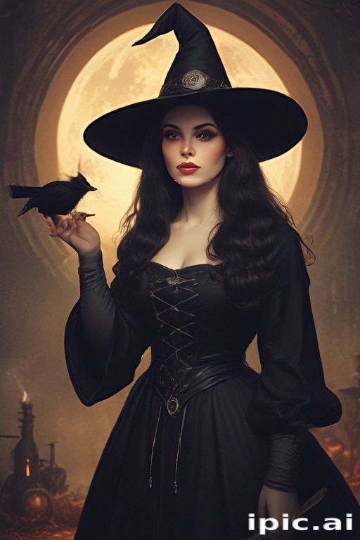A Mysterious Witch Standing Strong Under the Full Moon's Glow