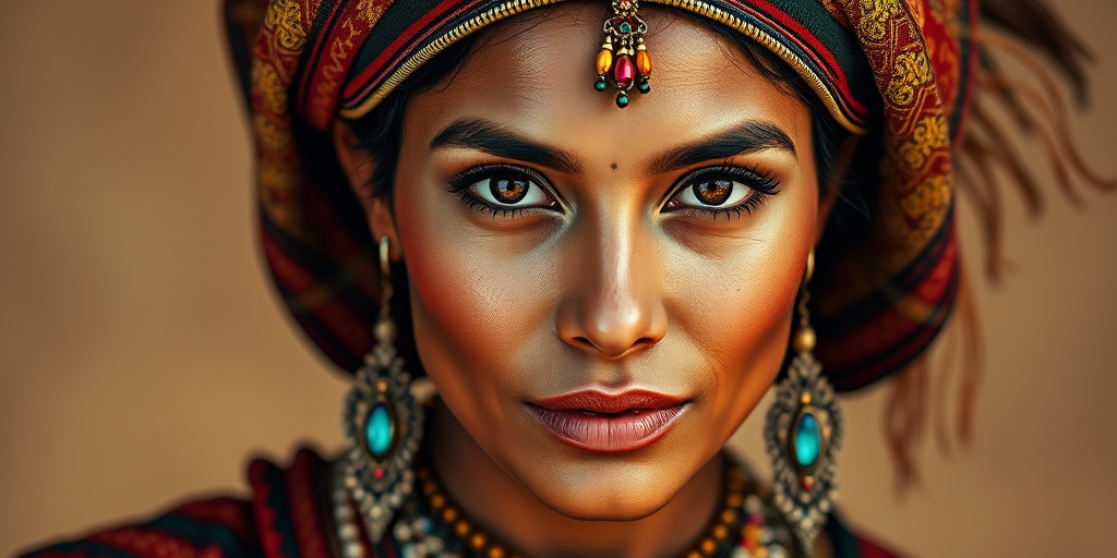 A Portrait of a Woman Adorned in Traditional Attire and Jewelry.