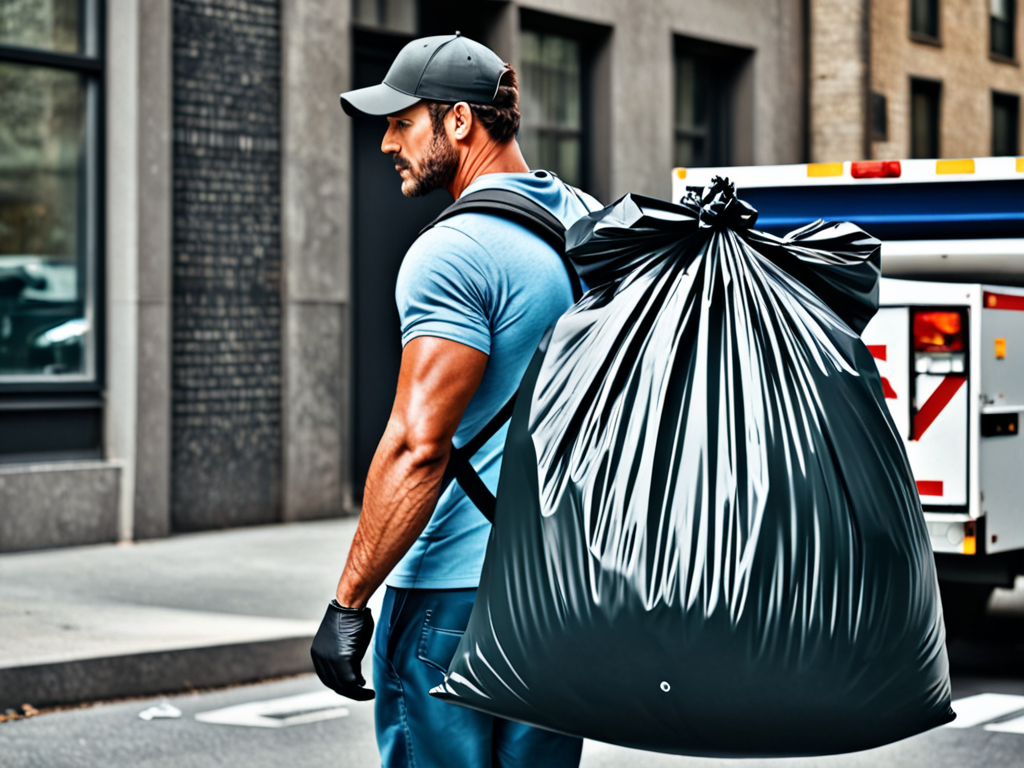 realistic handsome muscular garbagemen from behind carrying black ...