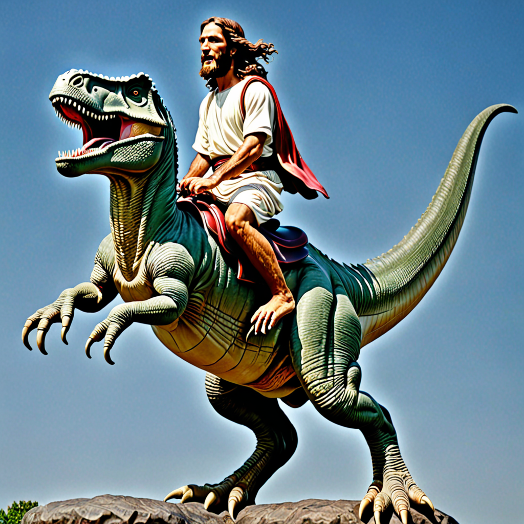 Hyper realistic photo dinosaur riding a jesus