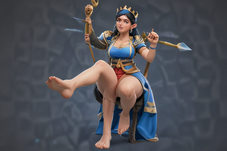 4k photo of the archer queen from the game "clash royale" pointing the soles of her bare feet at ...