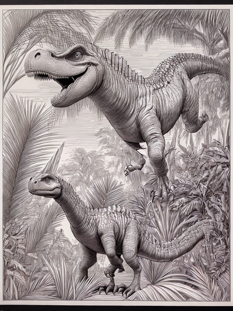 coloring page, no color, dinosaur in a jungle, cartoon style, black and ...