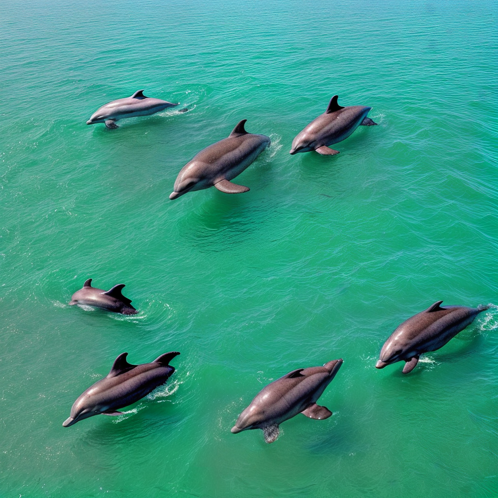 group of dolphins inside the ocean with sea weeds and a turtle with them